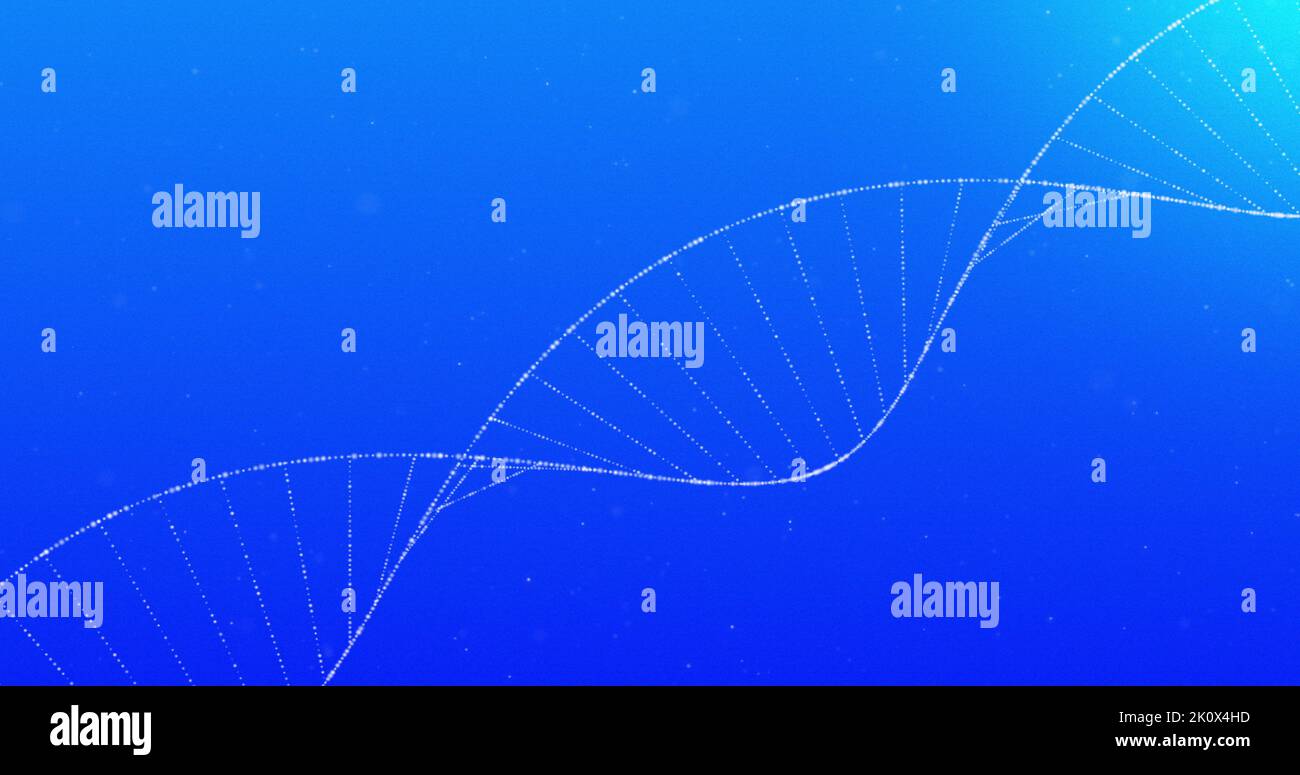 Image of white glowing 3D double helix DNA strand spinning on blue ...