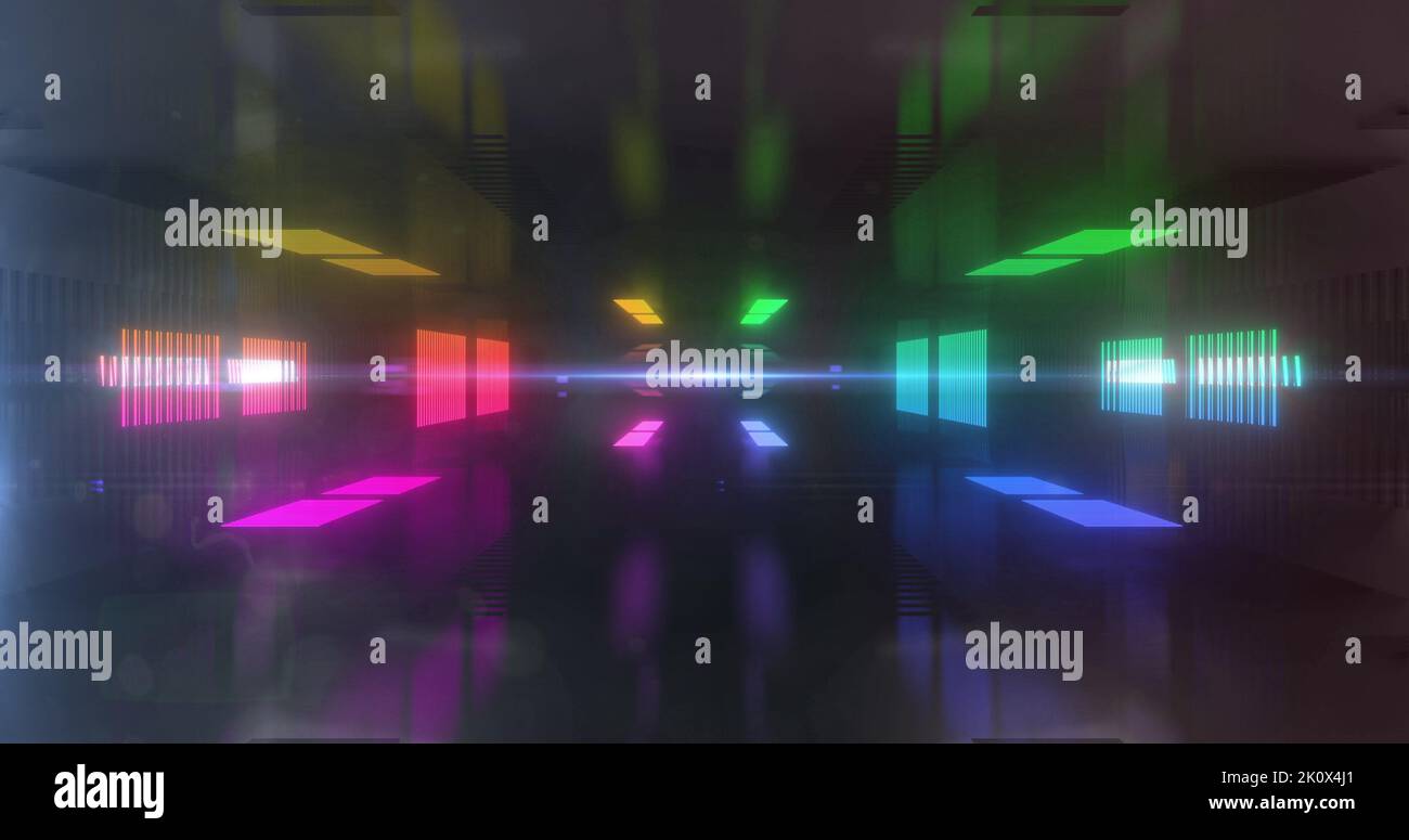 Image of multiple multi colored glowing stripes forming tunnel moving ...