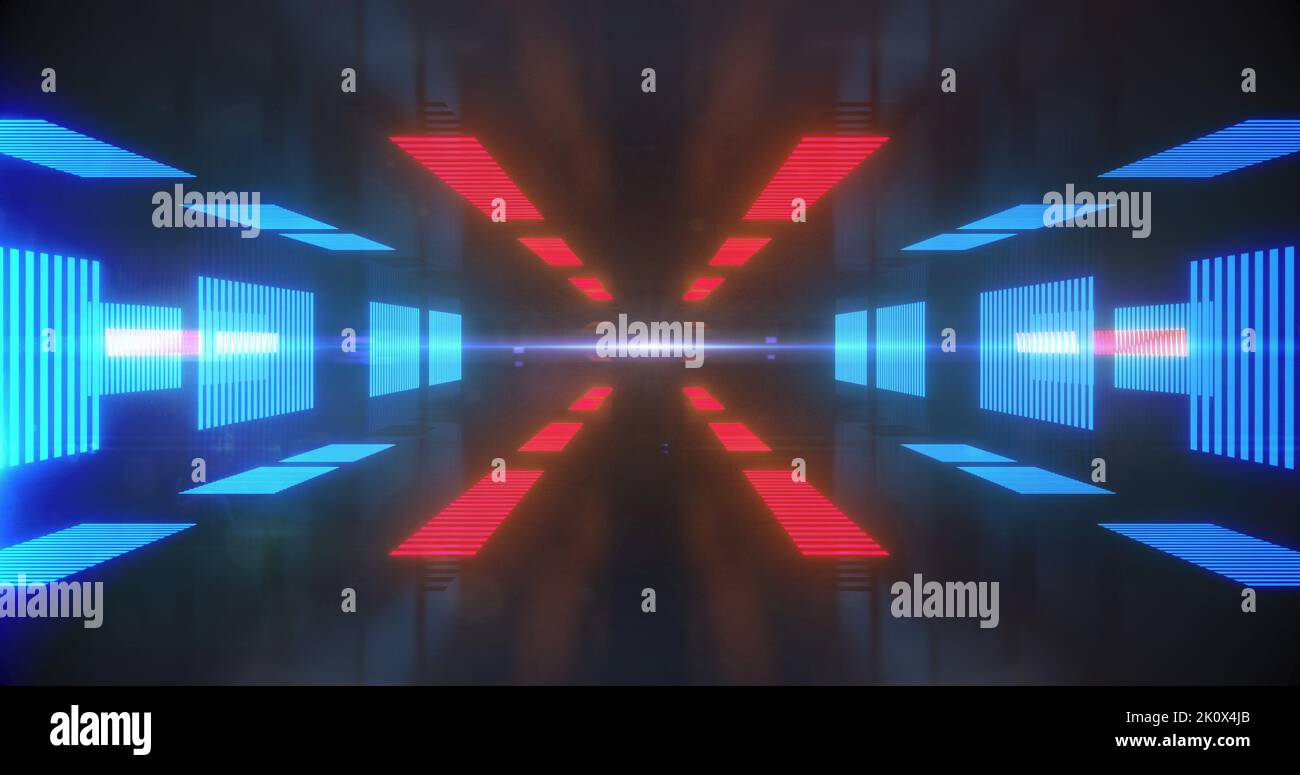 Image of multiple blue and red glowing stripes forming tunnel moving in ...