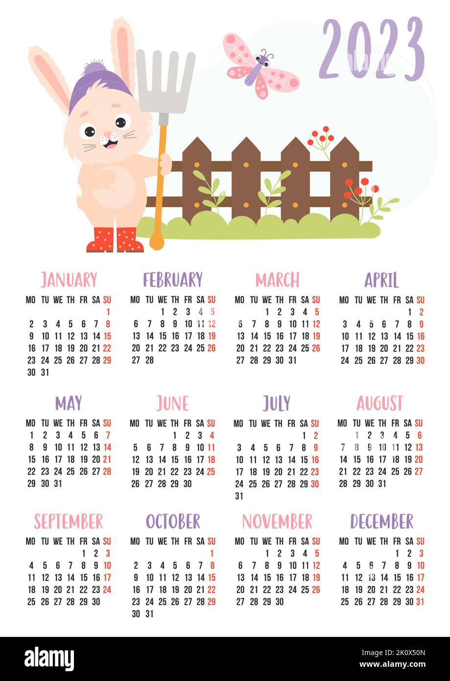 Calendar 2023 with cute rabbit farmer with rake, fence and butterfly ...