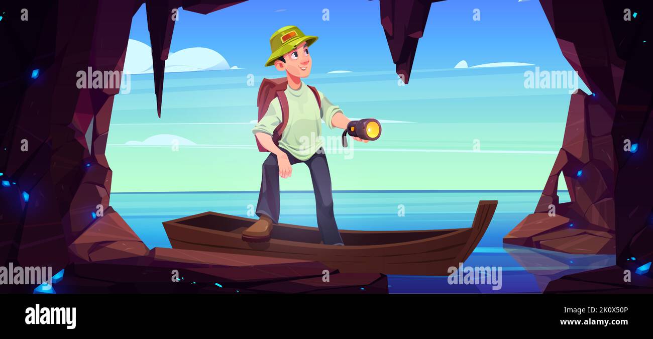 Man traveler in wooden boat explore rock cave on sea shore. Stone ...