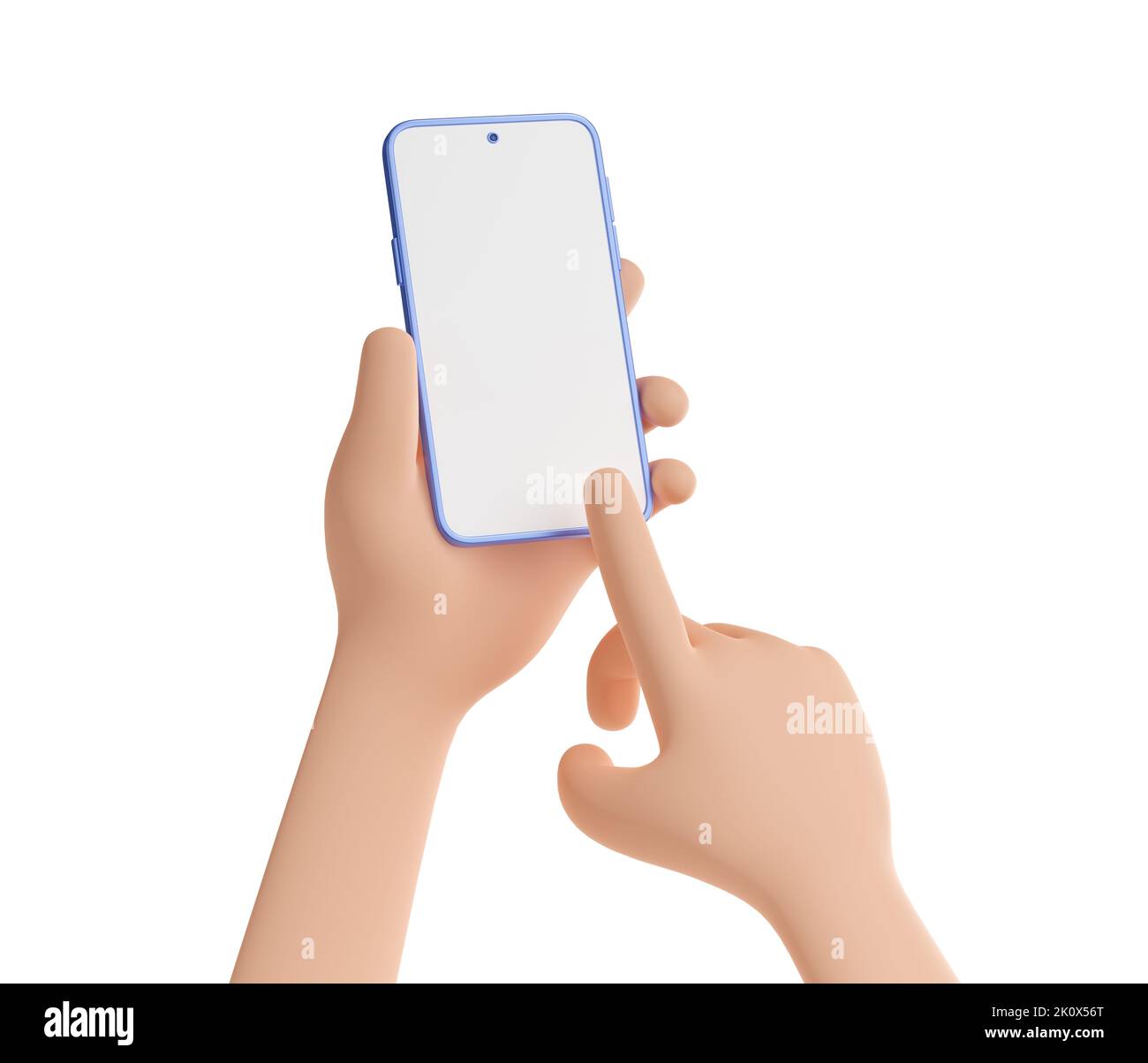 3d render smartphone in hand with finger touch screen with blank display. Mockup of mobile phone ...