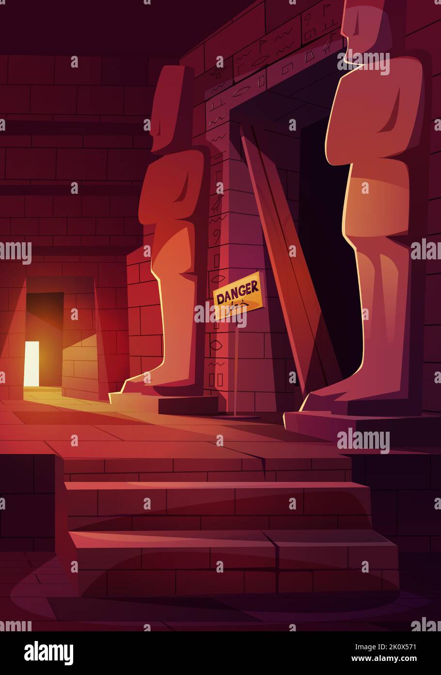 Egypt temple or pyramid interior, tomb room with brick walls, statues ...