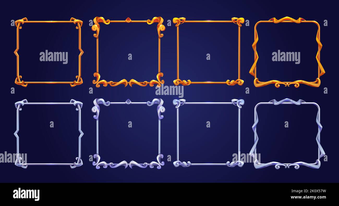 Set of square golden and silver ui game frames with cast metal ...