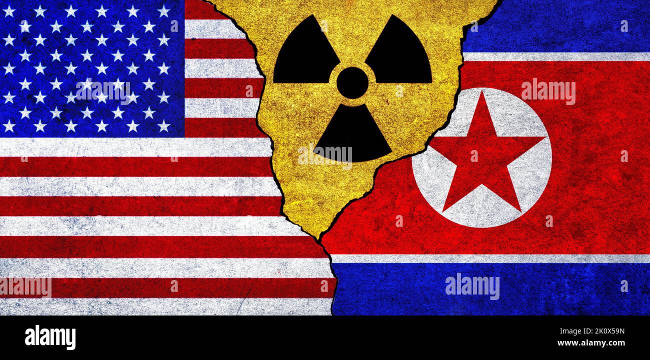 Flags of USA, North Korea and radiation symbol together. United States ...