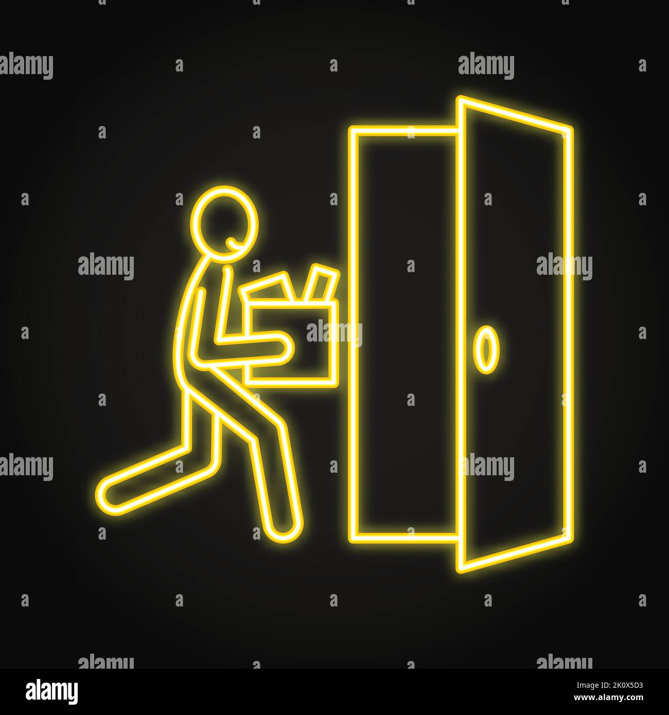 Happy employee leaving office neon icon. Man holding box with things ...