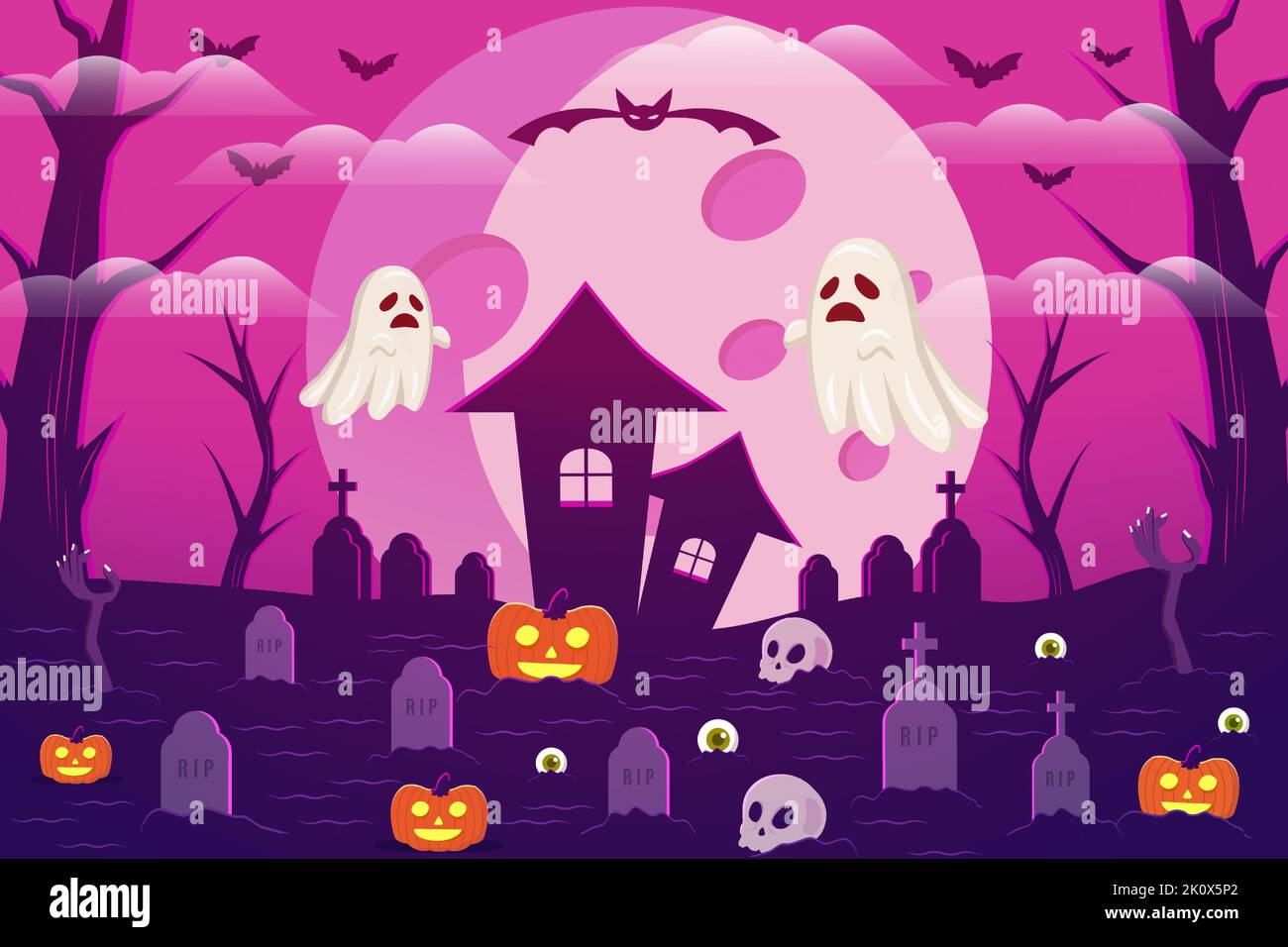 halloween scary background with pumpkin, tombstones, skulls, and ghost ...