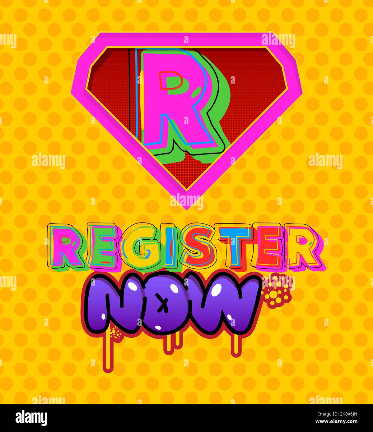 Register Now Icon Superhero Coat Of Arms Colorful Comic Book Style Vector Illustration Stock
