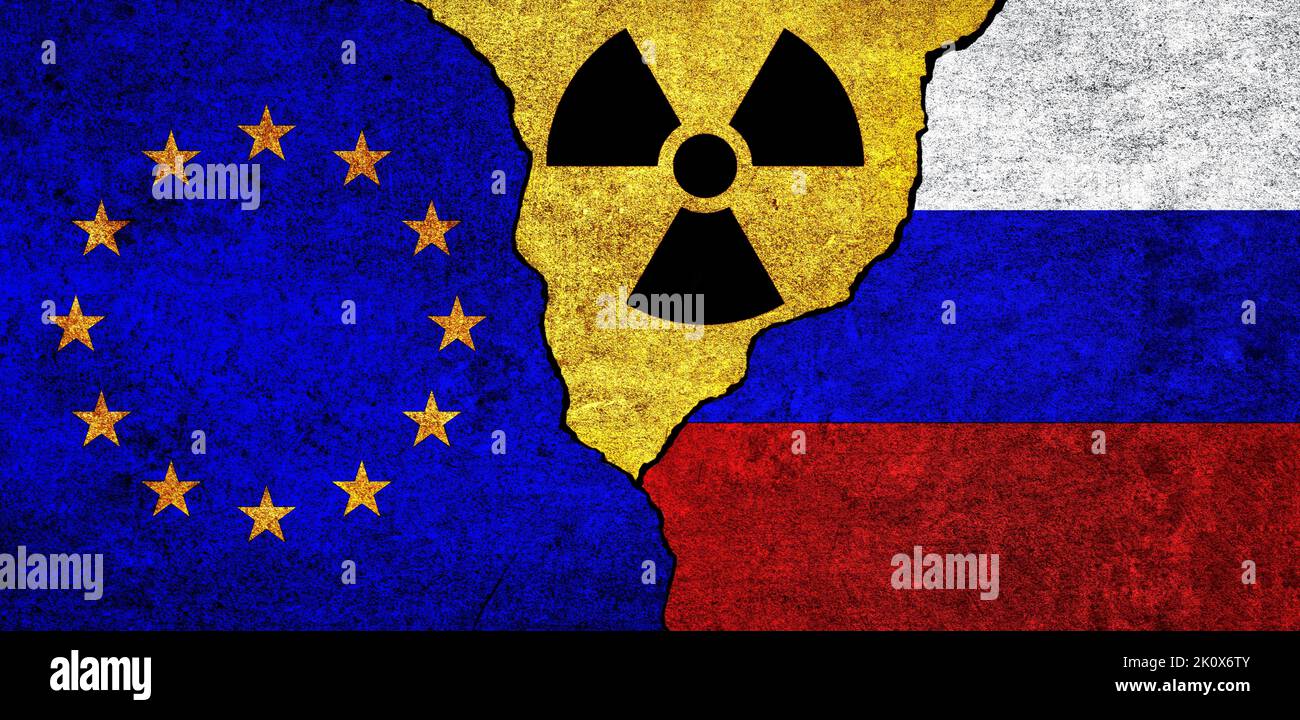 Flags of European Union, Russia and radiation symbol together. Russia ...
