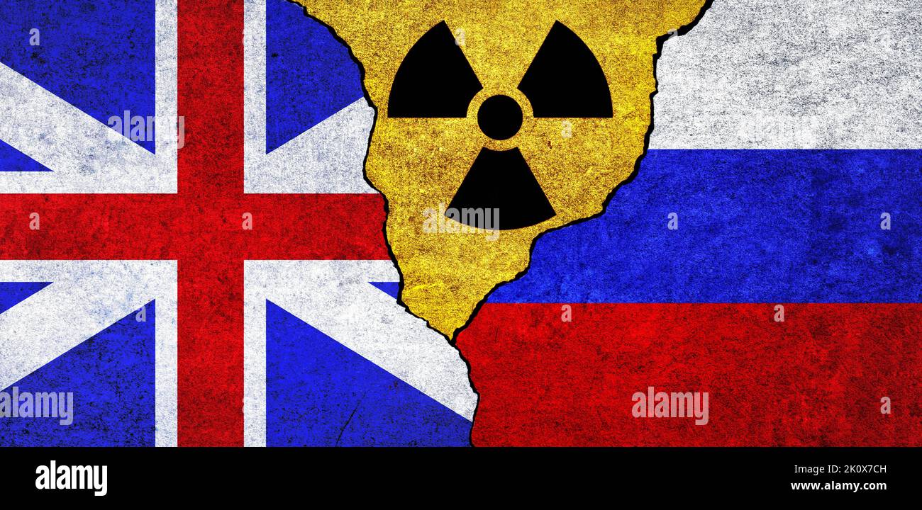 Flags of United Kingdom, Russia and radiation symbol together. Russia ...