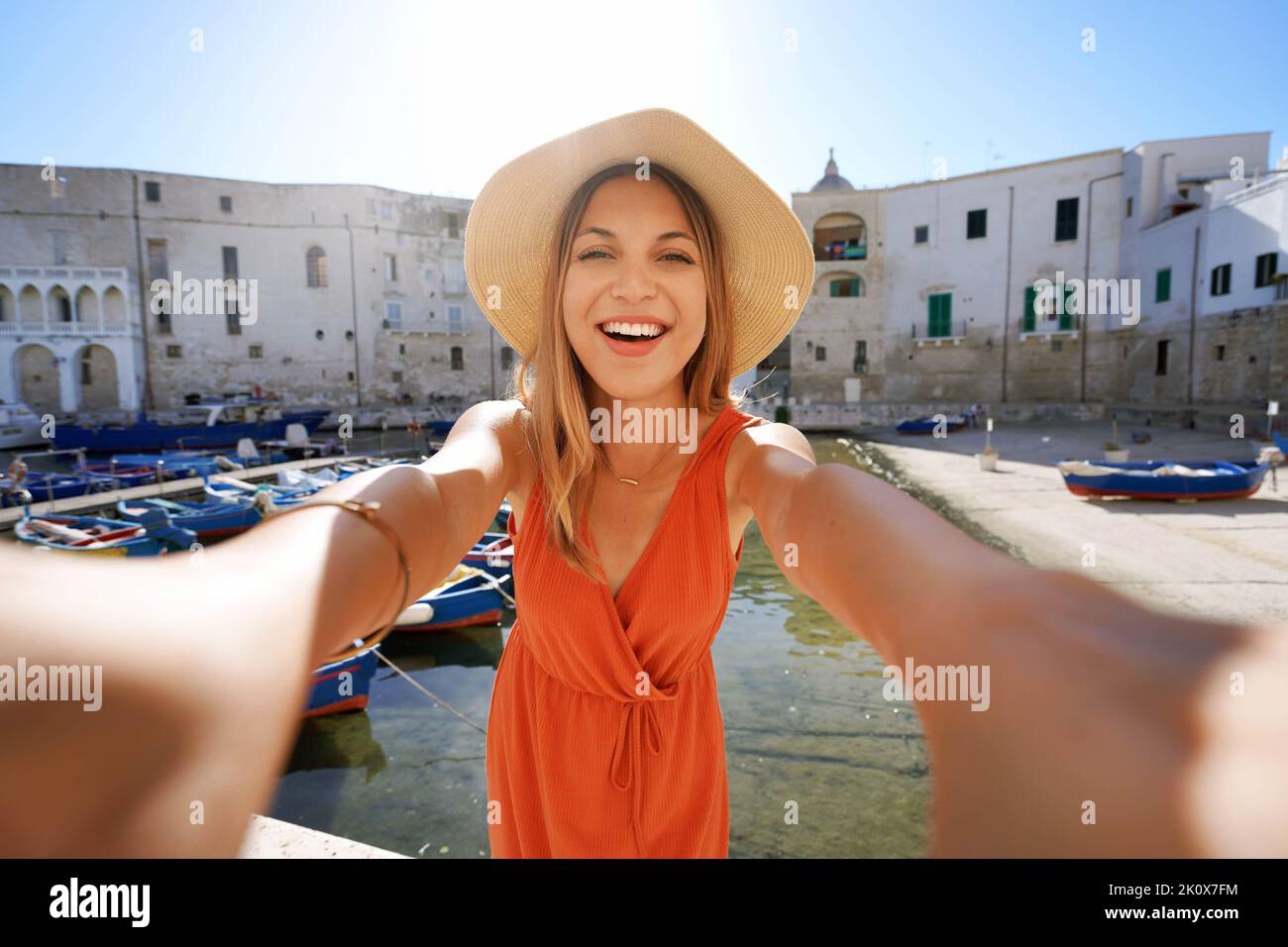 Selfie girl in southern Italy. Young tourist woman taking self portrait ...