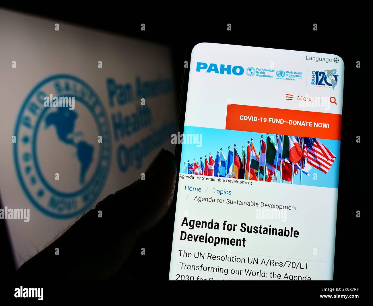 Person holding cellphone with webpage of Pan American Health ...