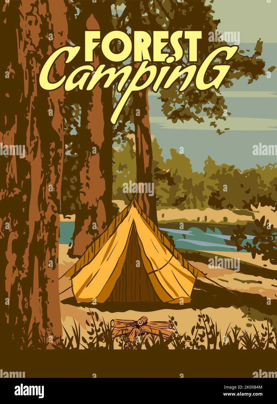 Forest Camping poster retro, camping outdoor travel. Tourism hiking ...