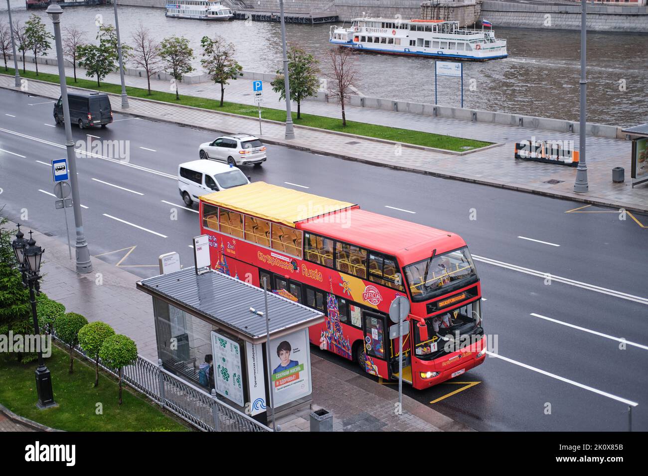 Empty tourist bus without travelers in Moscow, Russia. Double-decker ...