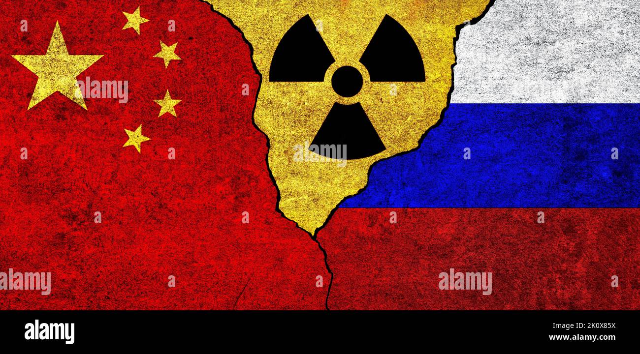 Flags of China, Russia and radiation symbol together. China and Russia ...
