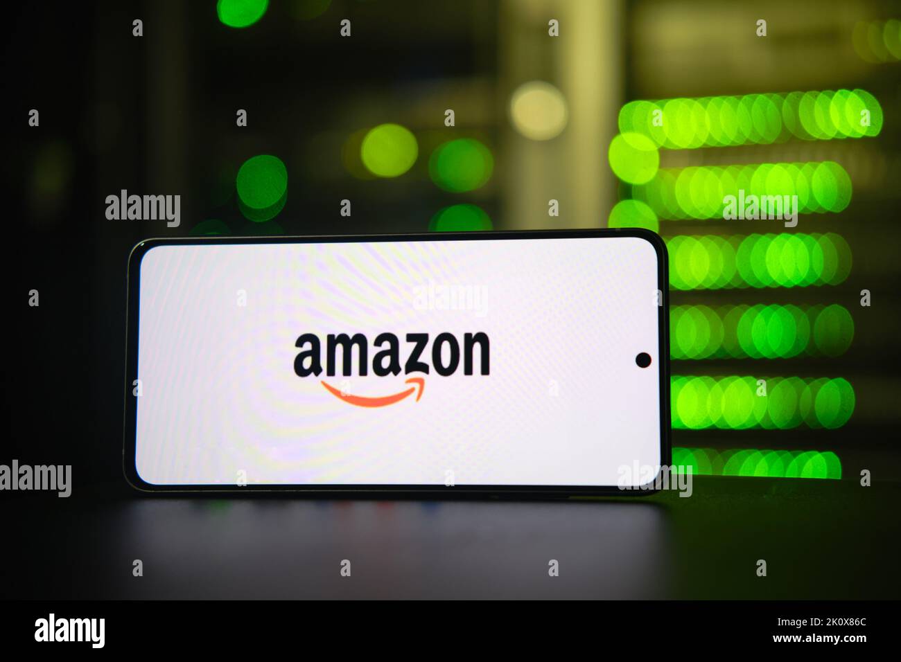 Amazon company logo on the background of a bokeh server light - Moscow, Russia, August 27, 2022 ...