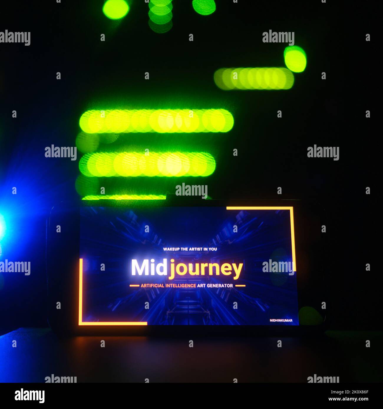 AI Midjourney logo on the phone screen on the background of the server ...