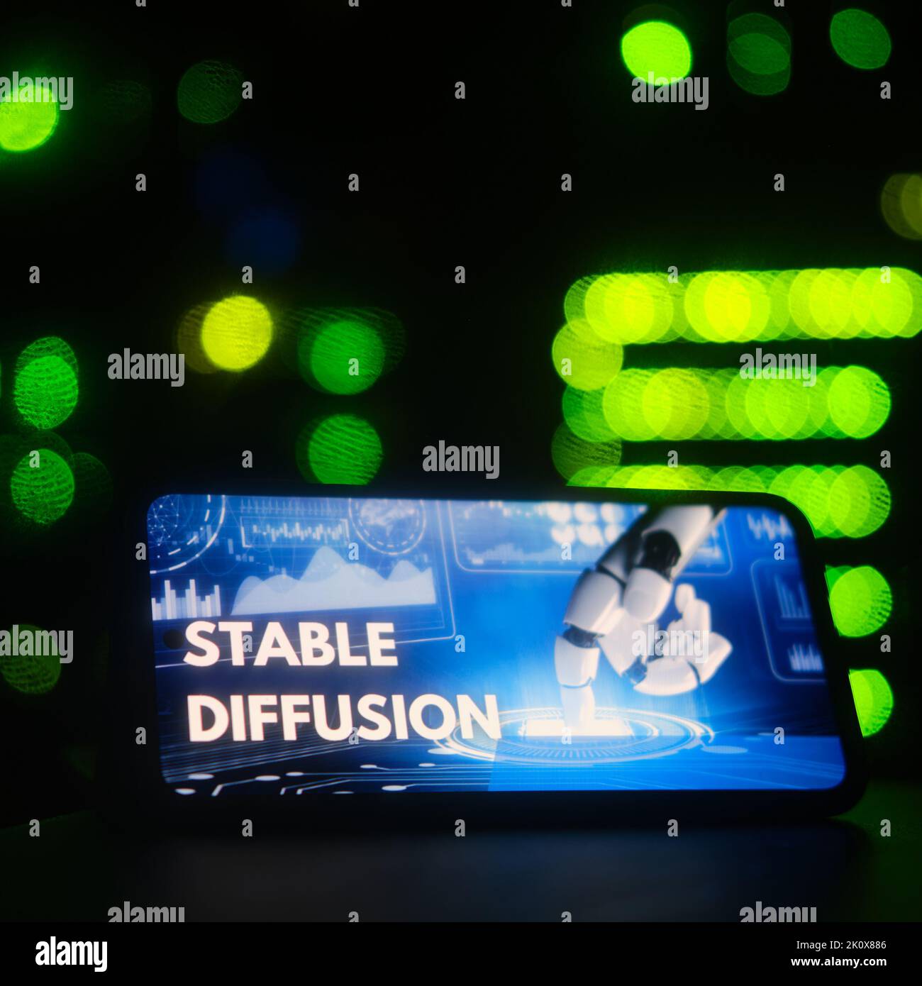 AI logo stable diffusion on the phone screen on the background of the server room. Smartphone ...