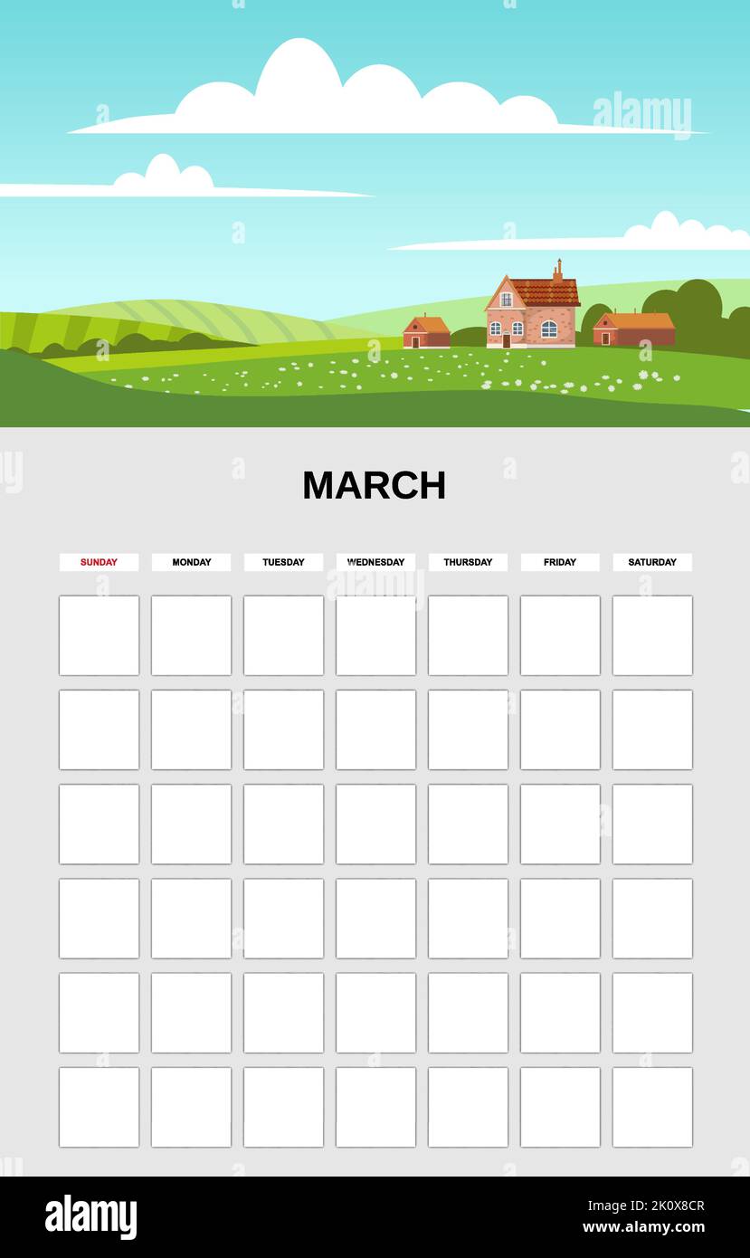 March Calendar Planner month. Minimalistic rural farm landscape natural ...