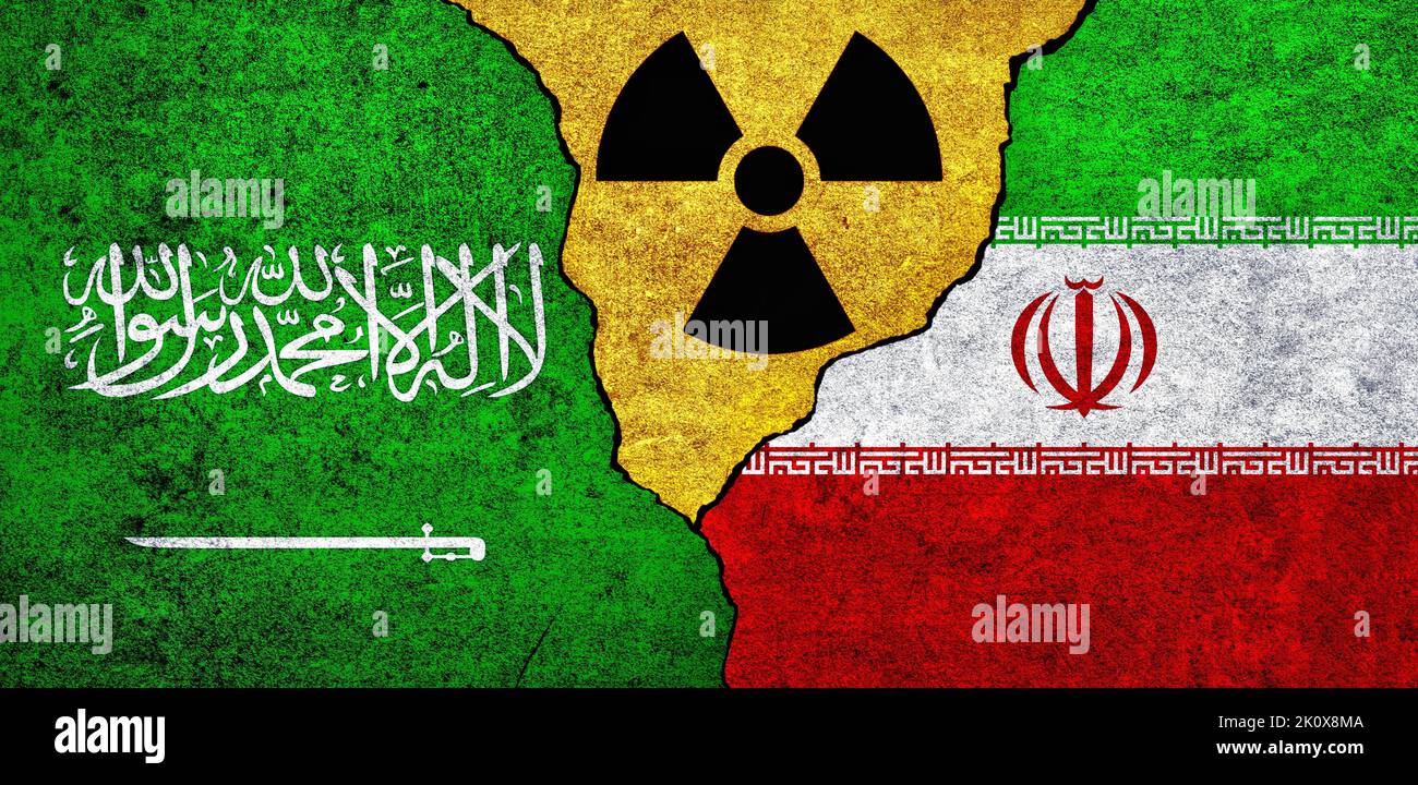 Flags of Saudi Arabia, Iran and radiation symbol together. Saudi Arabia ...