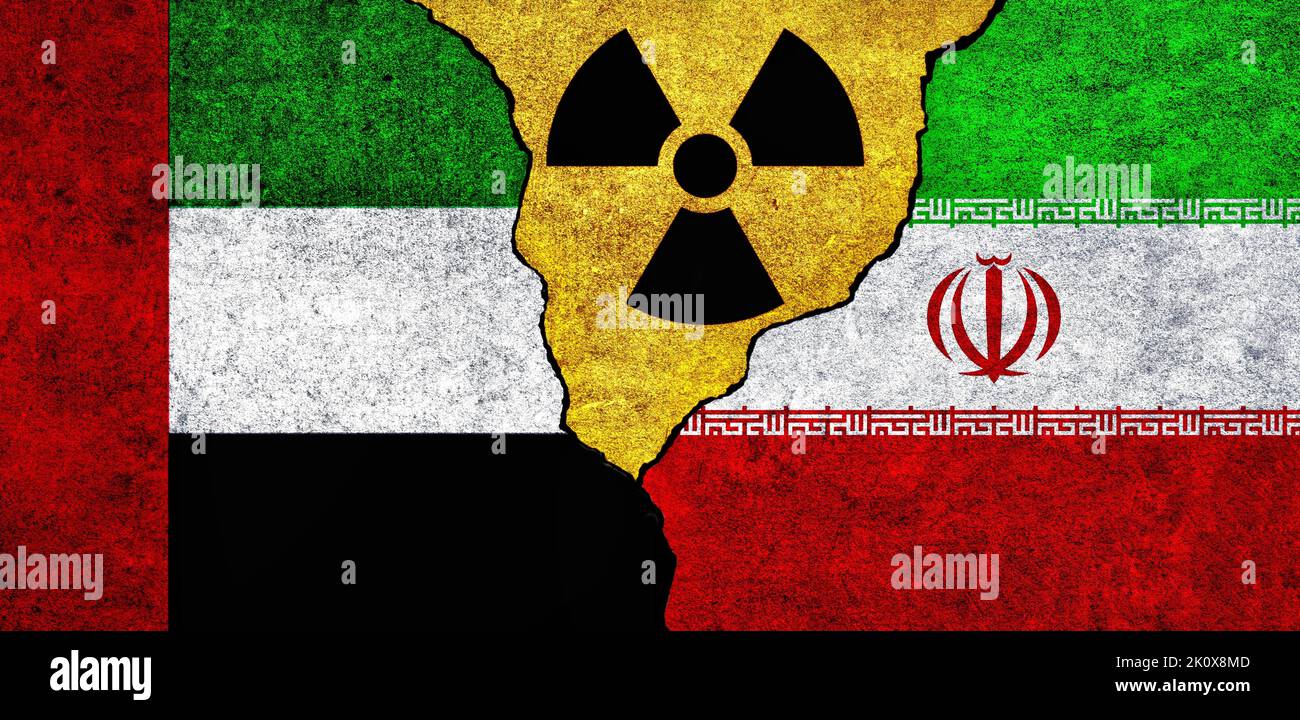 Flags of UAE, Iran and radiation symbol together. United Arab Emirates ...