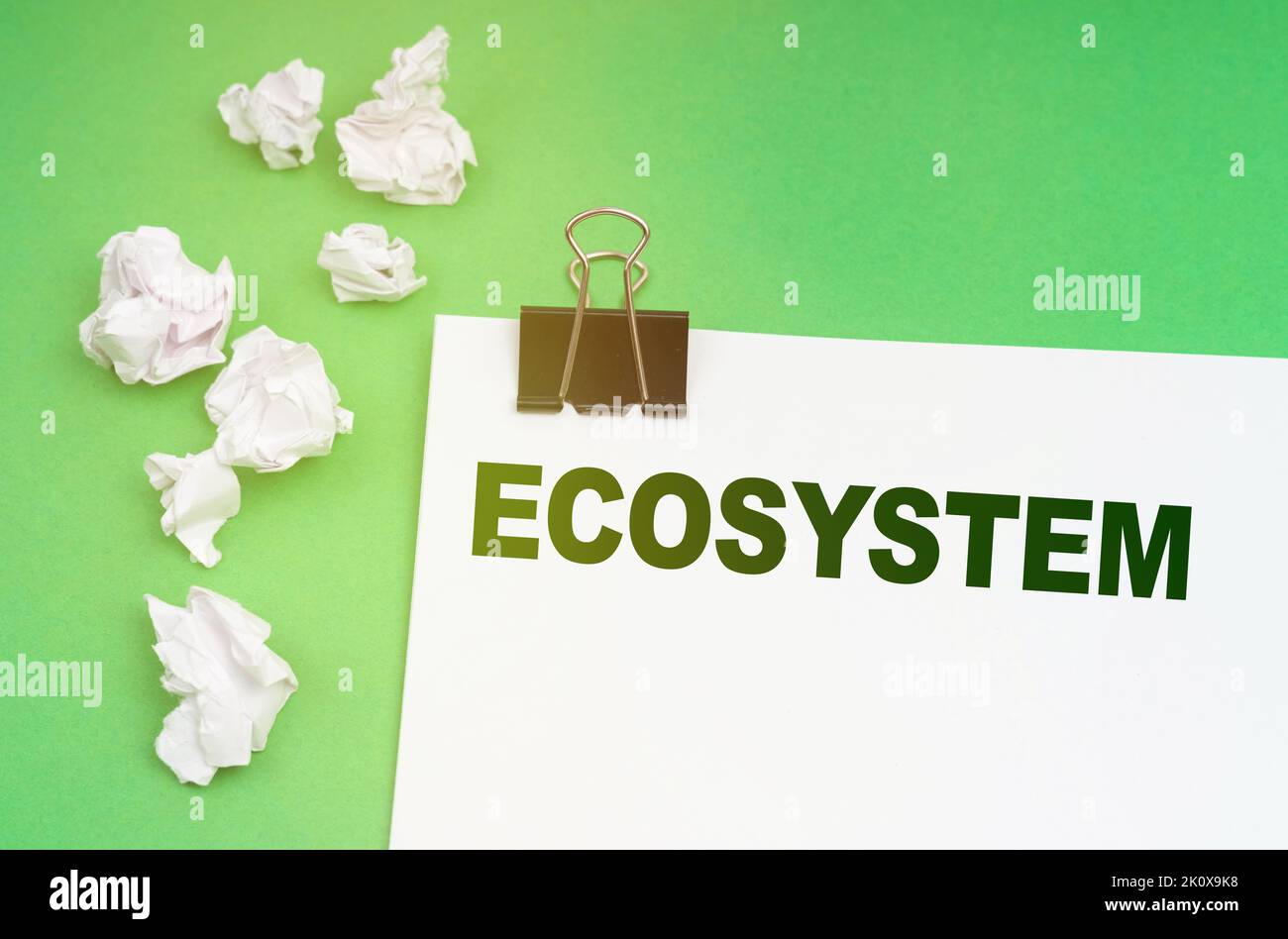 Ecology concept. On a green background, crumpled paper and a sheet with ...