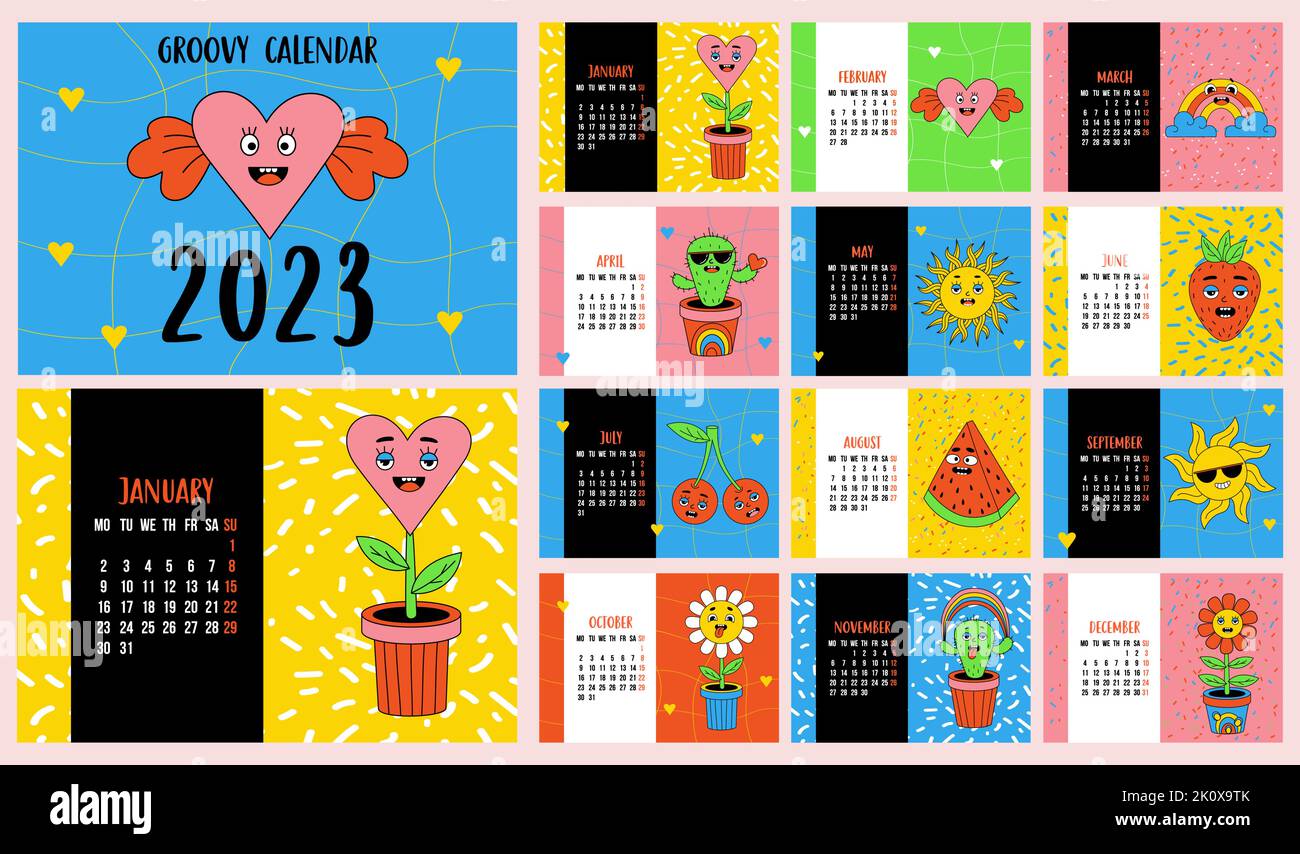 Retro groovy calendar template 2023 with cartoon funny characters ...