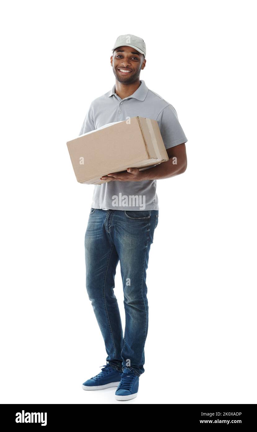 Making sure your parcel arrives on time. A smiling deliveryman holding ...
