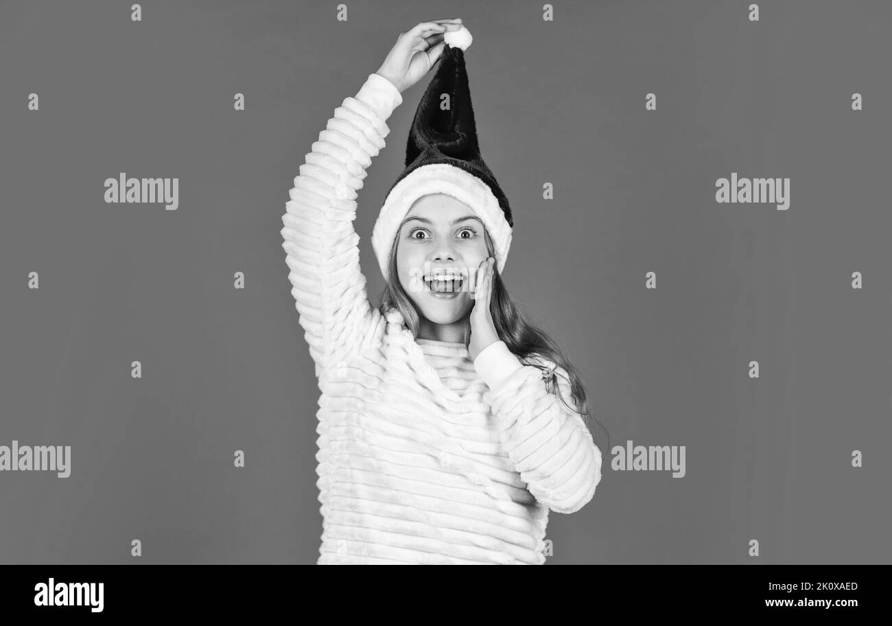 Adorable Girl Wear Santa Claus Hat Red Background Emotional Face