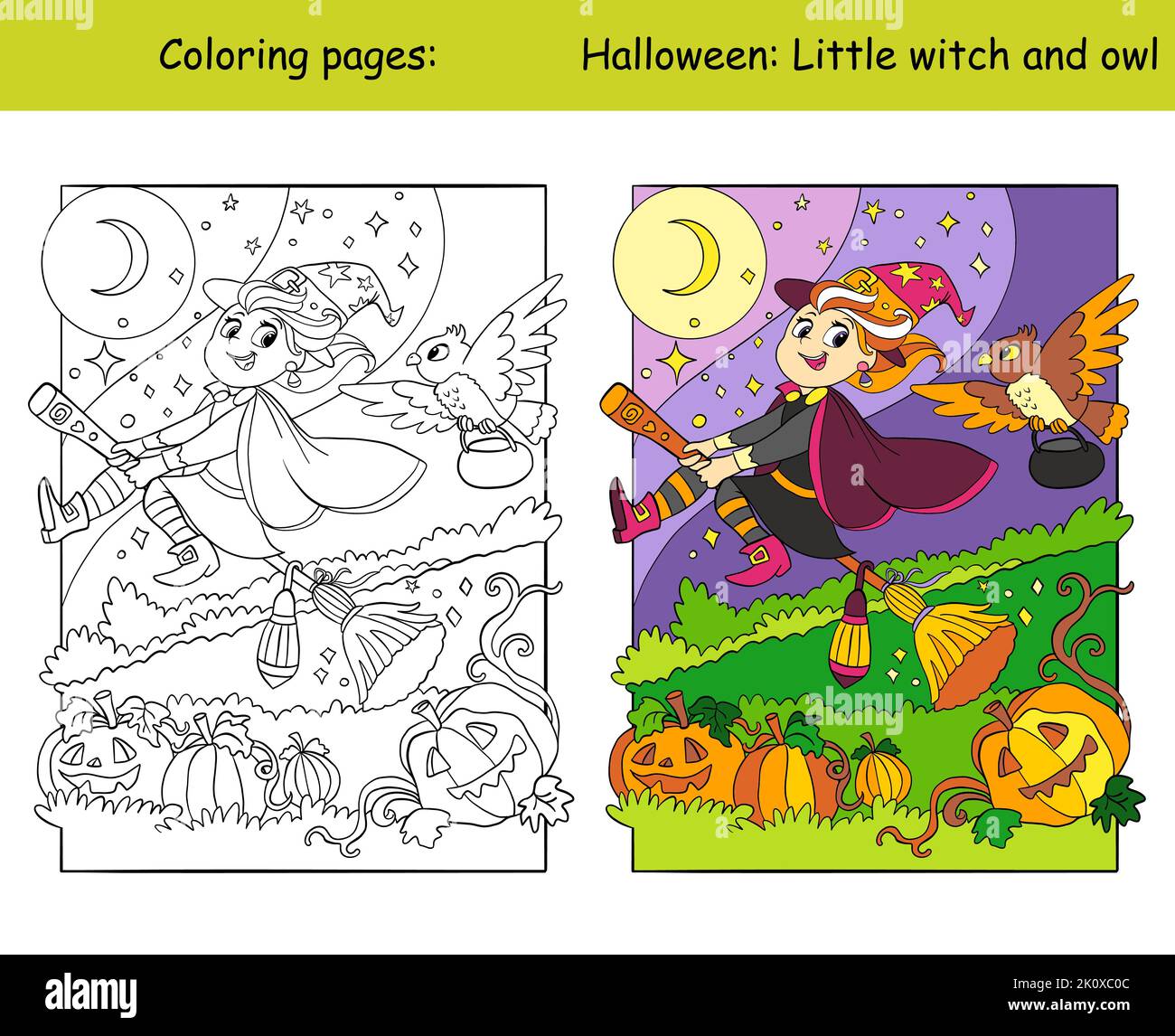 Cute little witch flying on a broomstick with an owl. Halloween concept ...