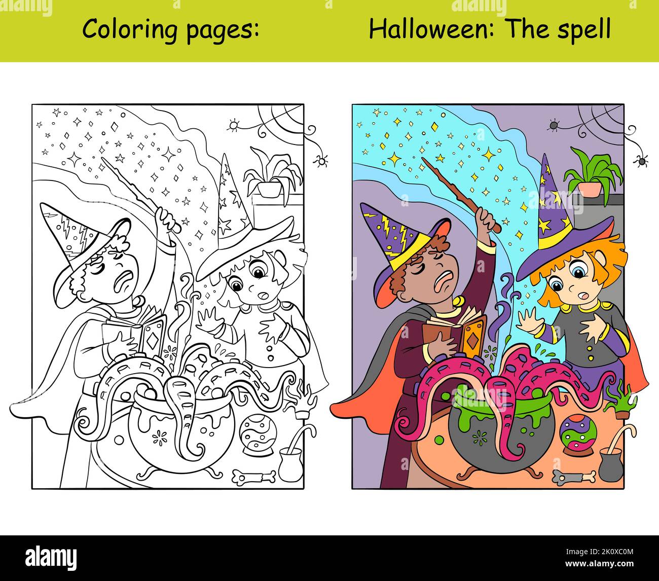 Children in sorcerer costumes cook a potion in a cauldron. Halloween ...
