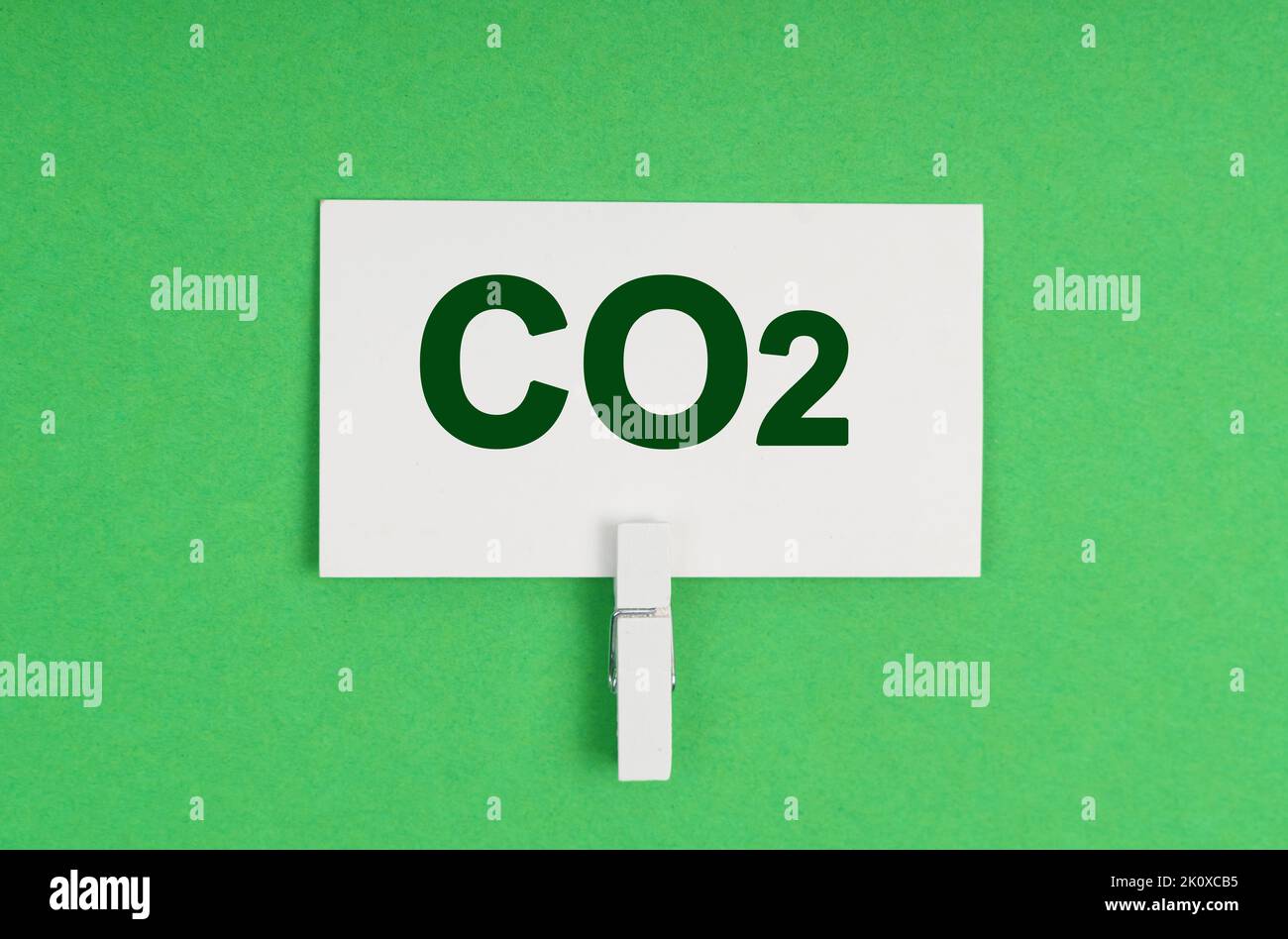 Ecology concept. On a green background, a business card on a clothespin ...