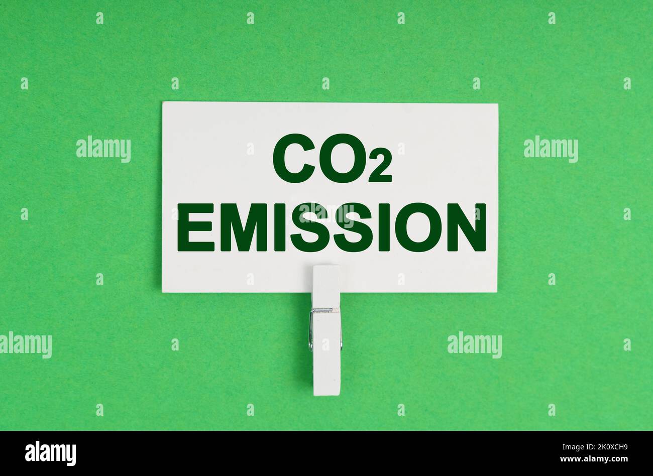 Ecology concept. On a green background, a business card on a clothespin ...