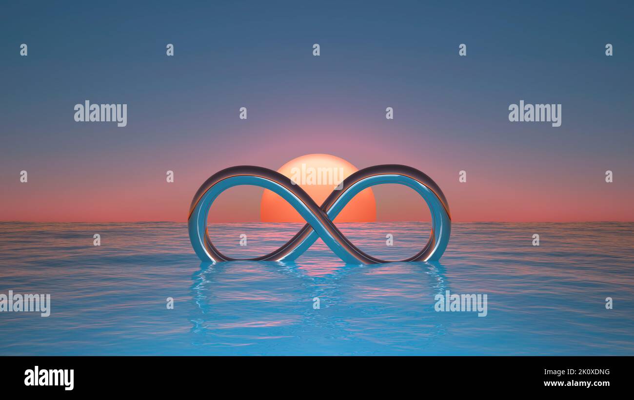 glass infinity sign in the sea horizon at sunset. 3d rendering Stock ...