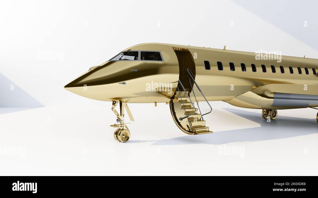 private jet with open airstairs in gold color. 3d rendering Stock Photo ...