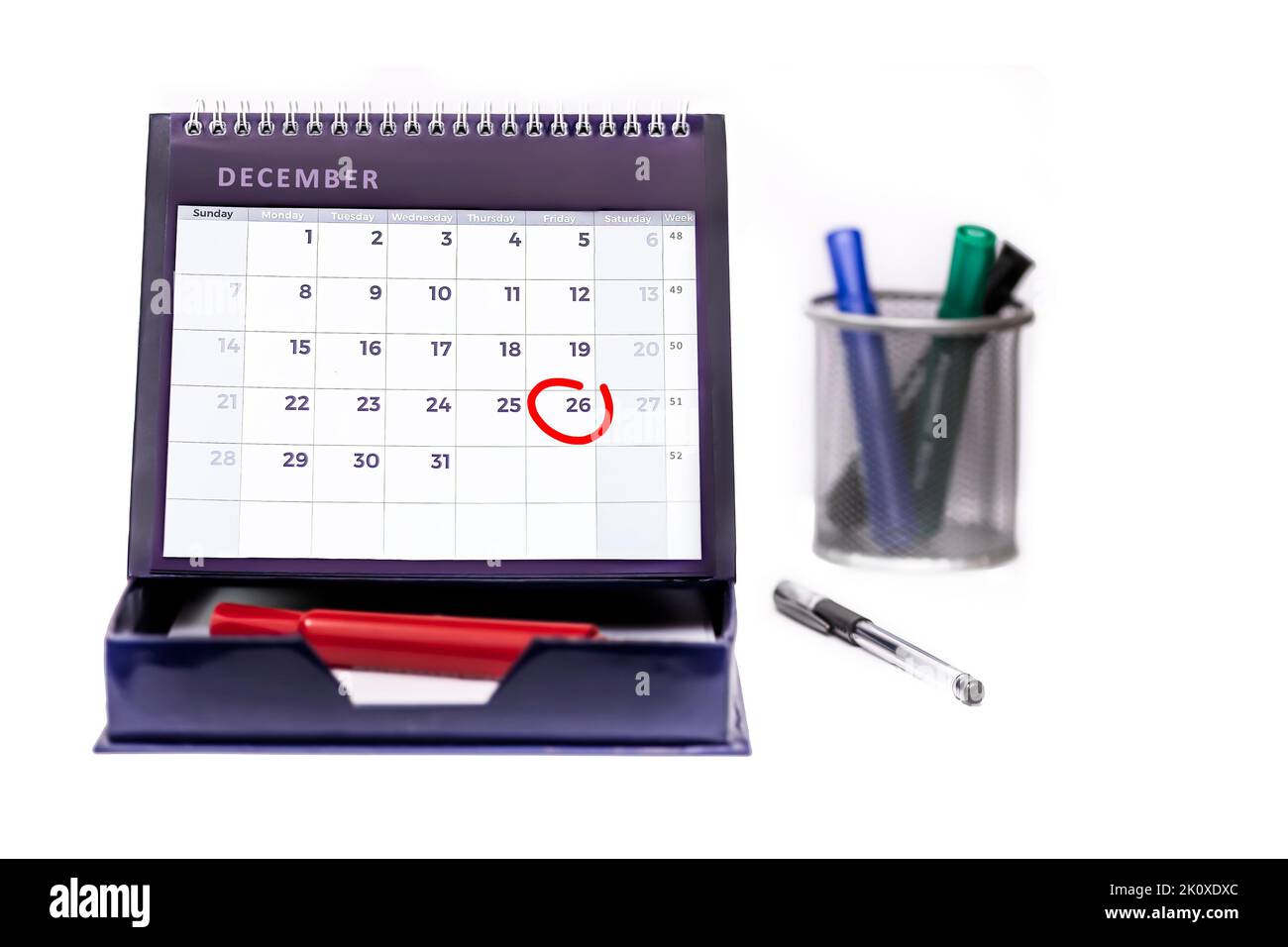 Red circle round date of 26th December (Boxing Day) on a business desk ...