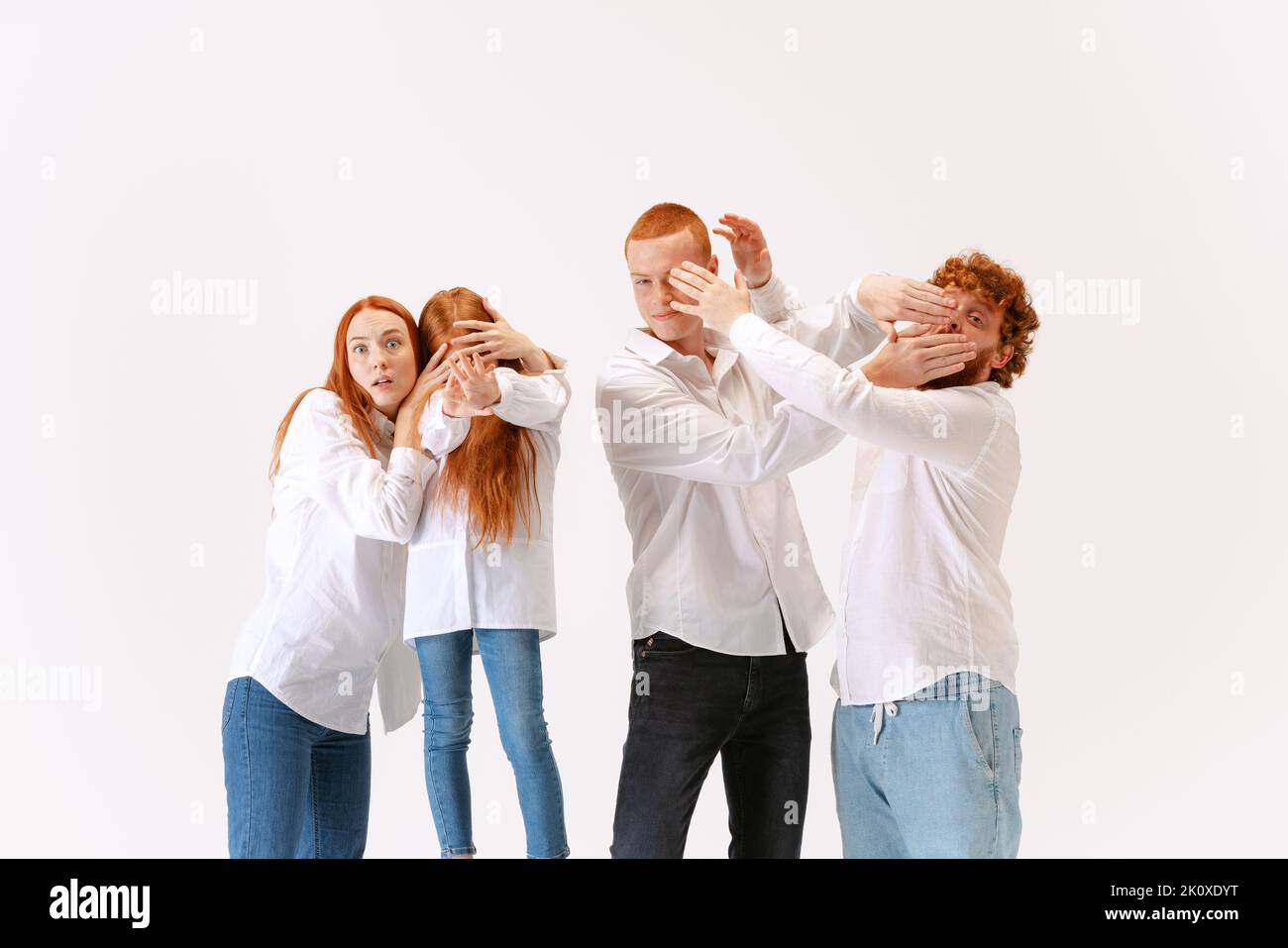 Protection, warning. Two men and woman and kid, red-headed young people ...