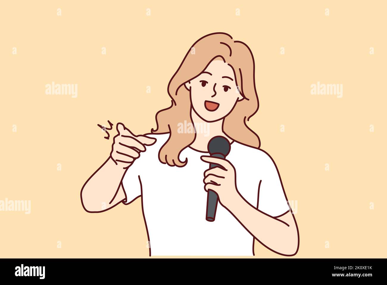 Woman with microphone make speech point at screen. Smiling female ...