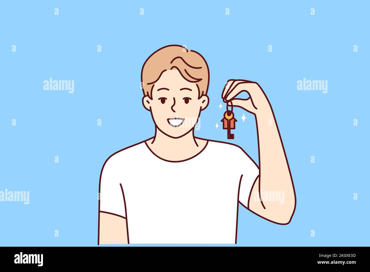 Smiling young man holding key to new house or apartment. Happy guy ...