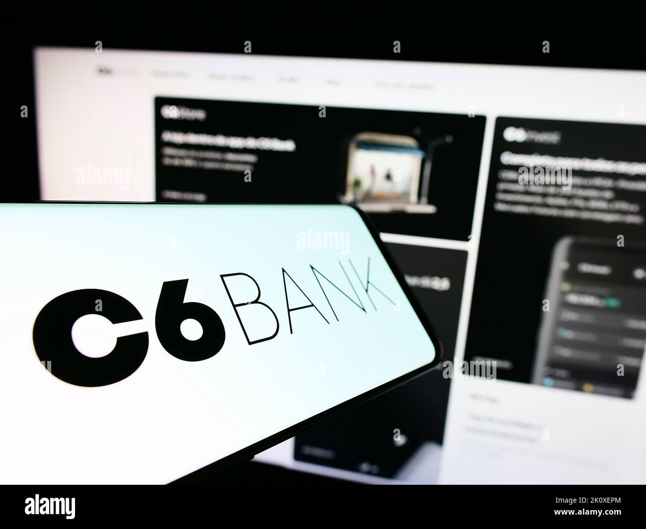 Smartphone with logo of Brazilian company BANCO C6 S.A. (C6 Bank) on ...