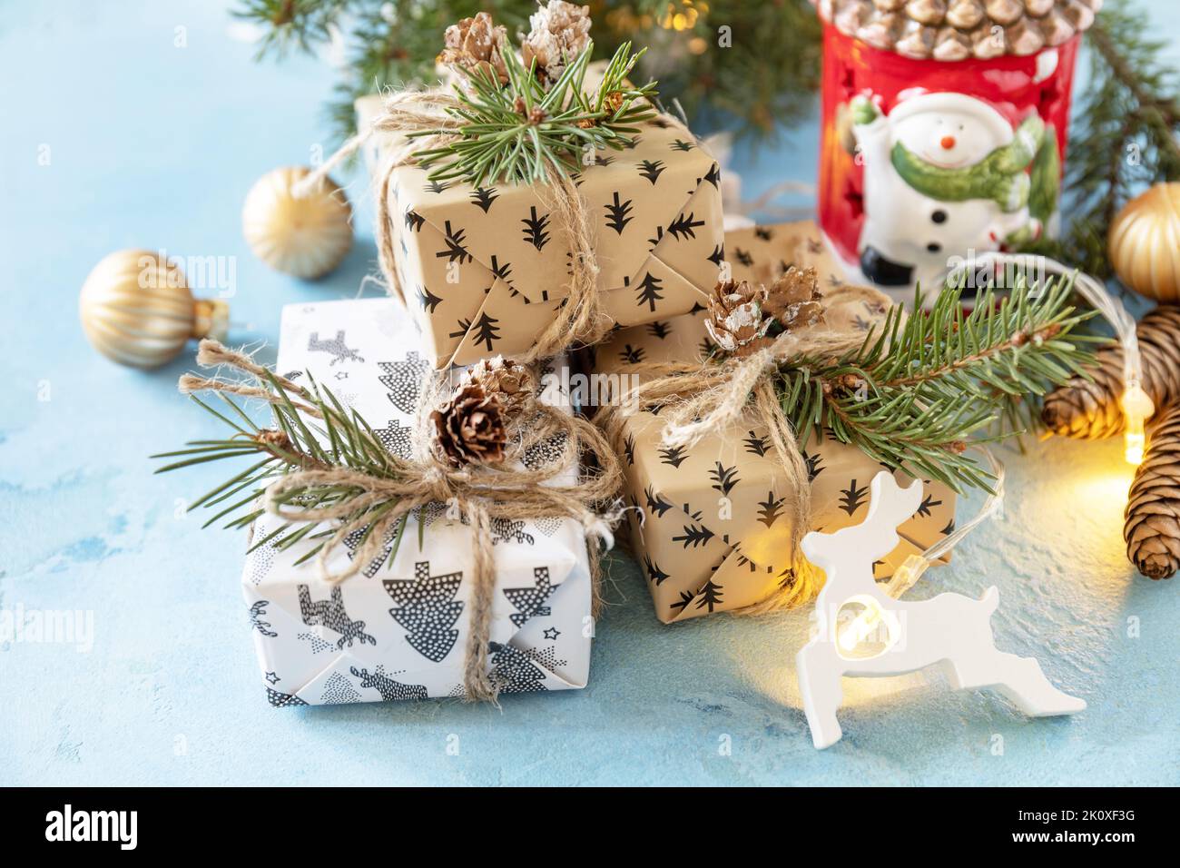Christmas balls, winter fir tree with present boxs and christmas decor ...
