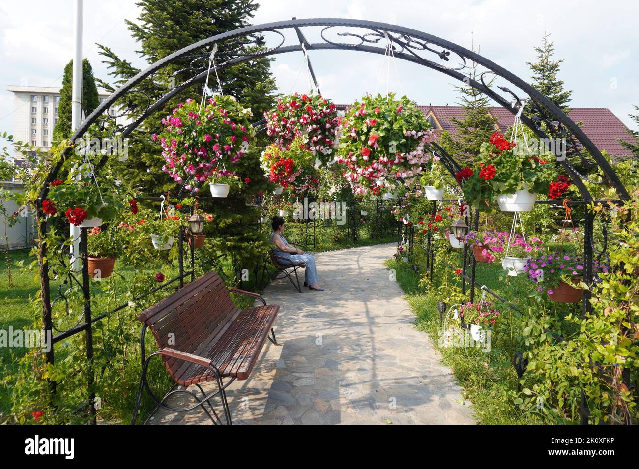 Garden Path with Arch and Flowers Stock Photo - Alamy