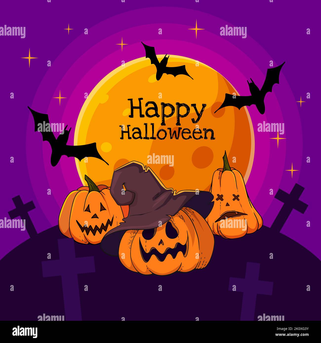 inscription happy halloween pumpkins with grimaces in the cemetery bats ...