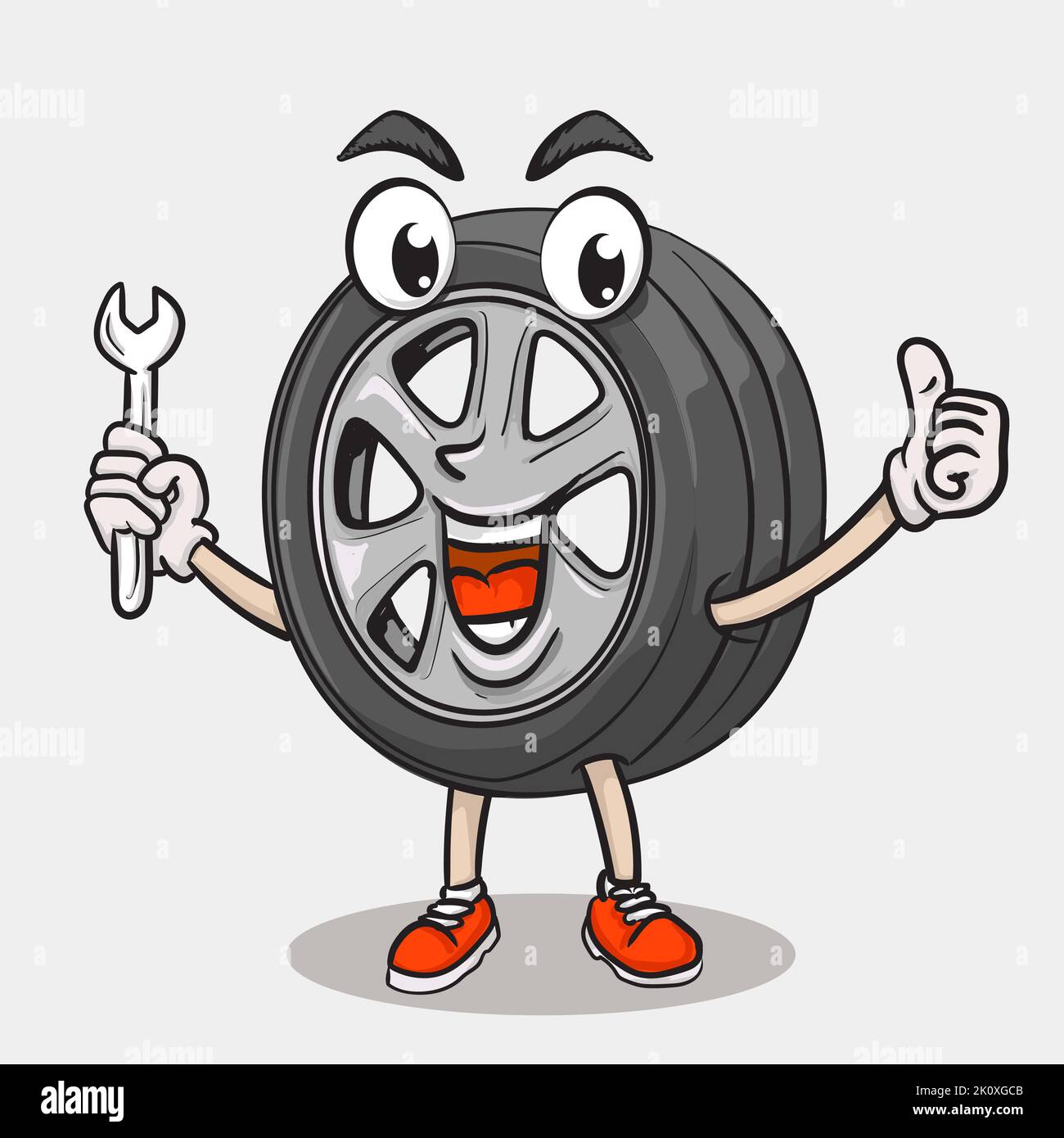 smile face tyre character holding wrench and thumbs up. funky tire ...