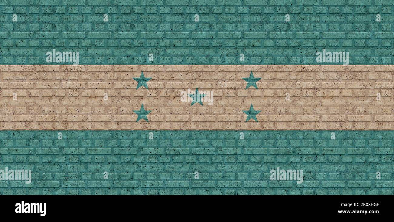 3D Flag of Honduras on an old brick wall background. It is a flag that ...