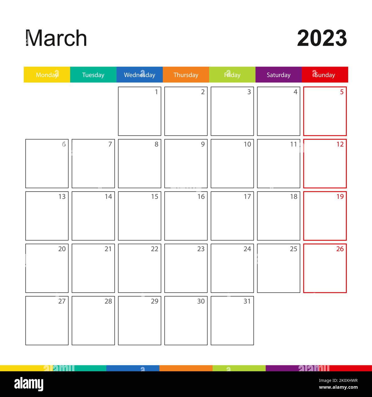 March 2023 colorful wall calendar, week starts on Monday. 2023 Calendar ...