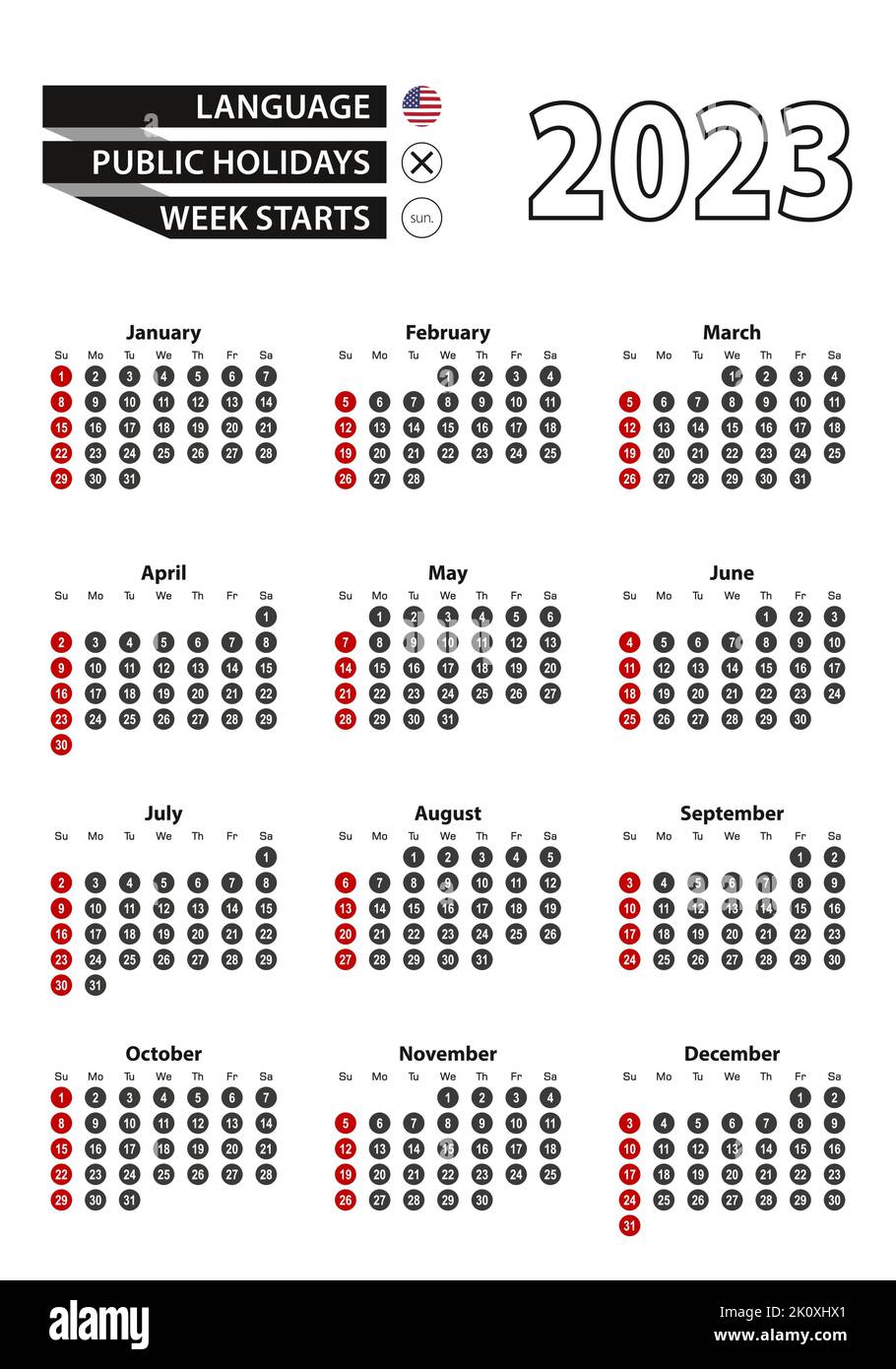 English calendar 2023 with numbers in circles, week starts on Sunday ...