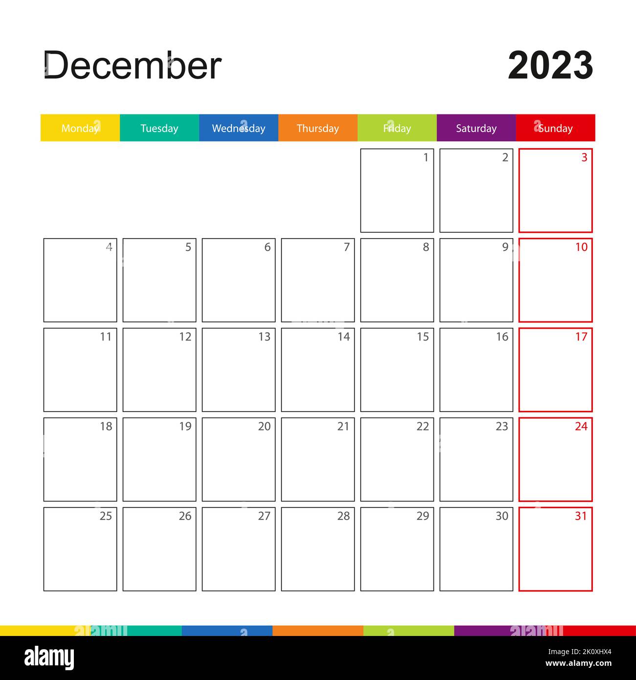 December 2023 colorful wall calendar, week starts on Monday. 2023 ...