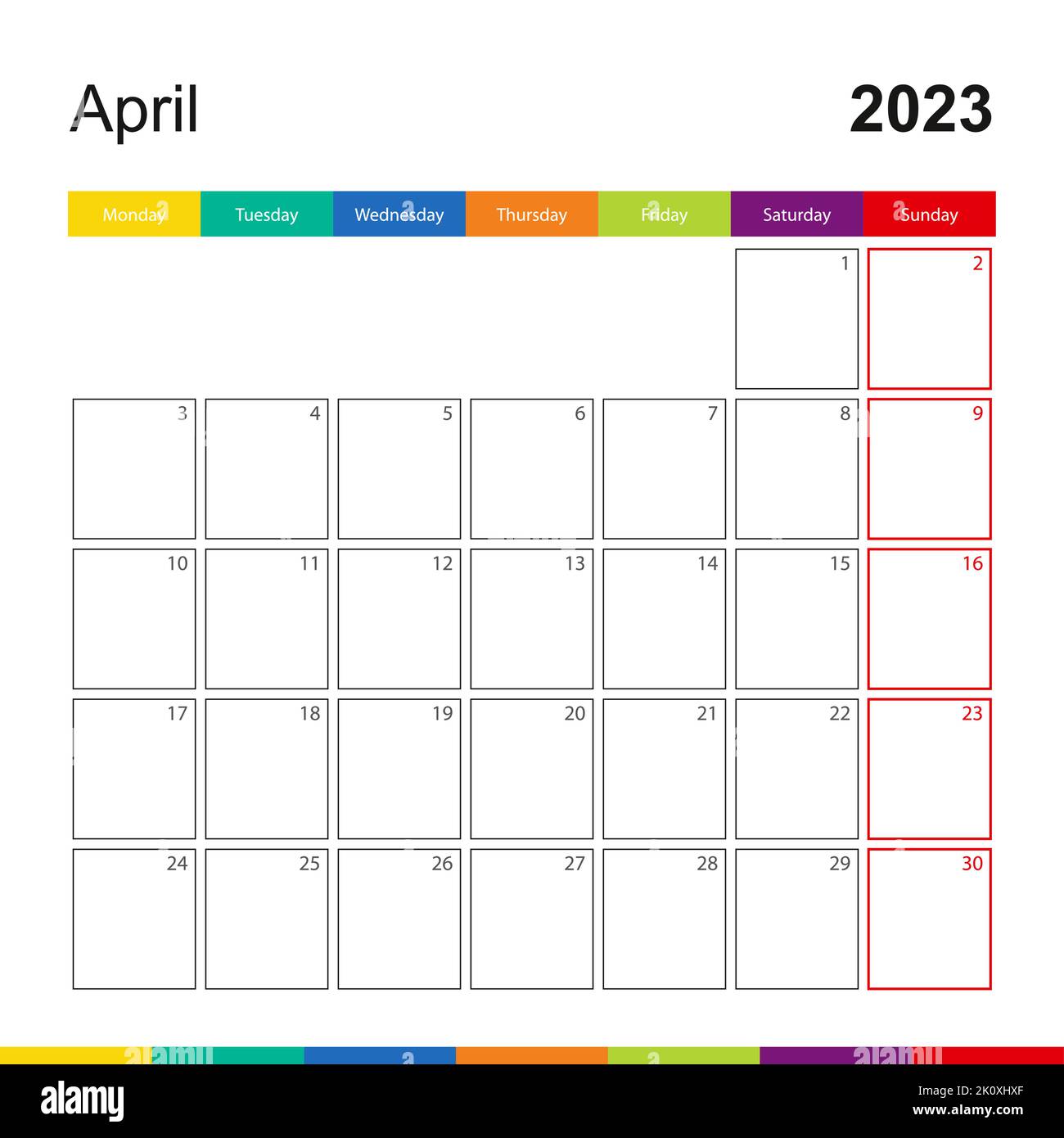 April 2023 colorful wall calendar, week starts on Monday. 2023 Calendar ...