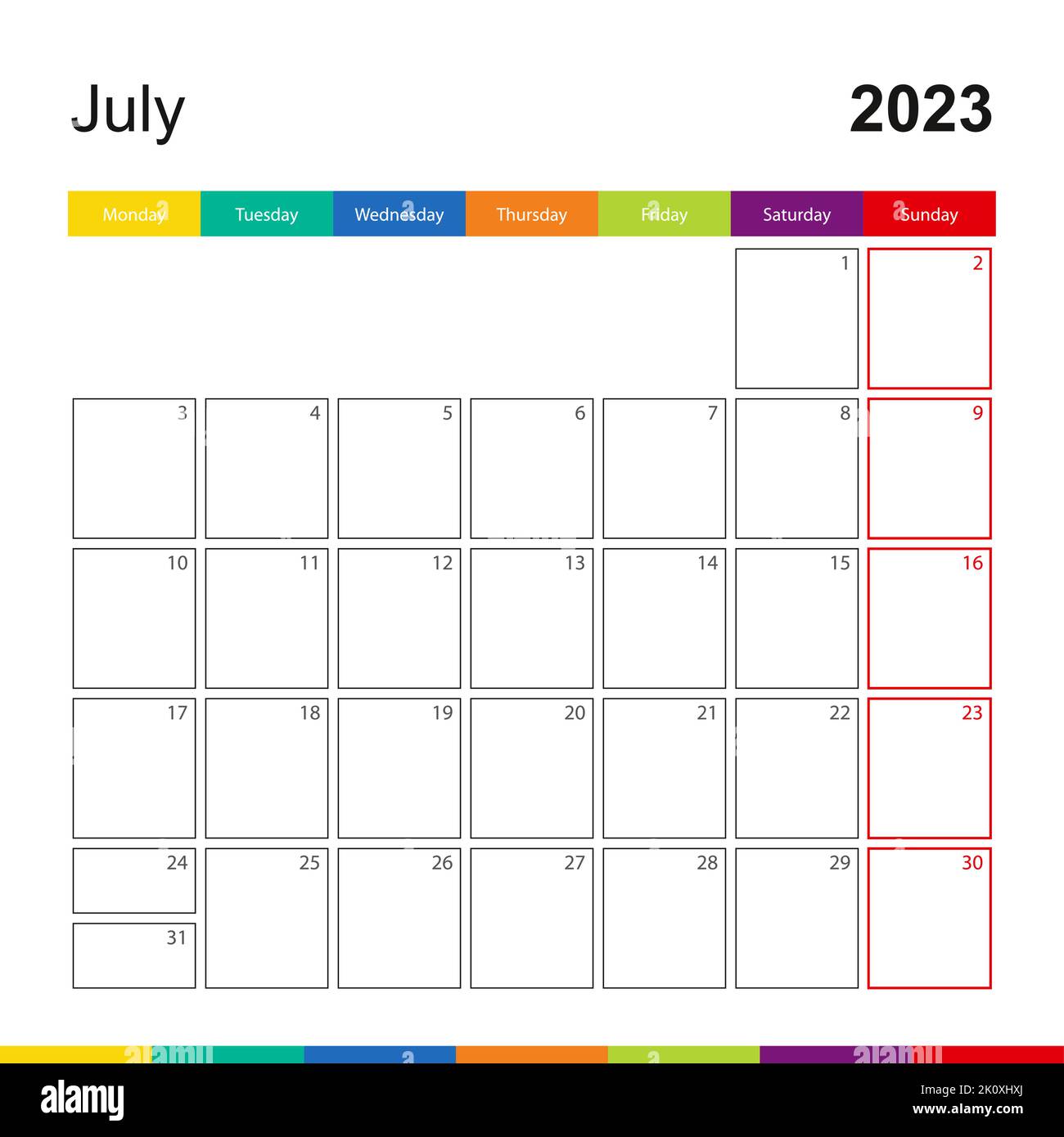 July 2023 colorful wall calendar, week starts on Monday. 2023 Calendar ...